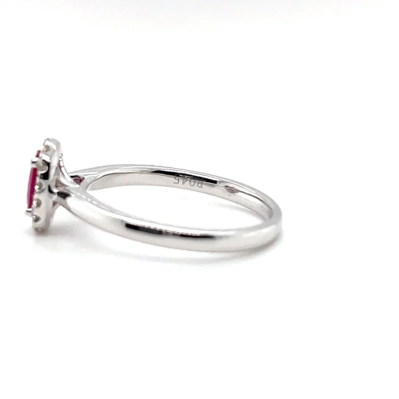 18K White Gold Ruby Oval Halo Solitaire Diamond Ring